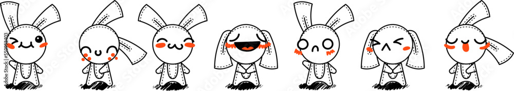 Outline Cartoon Rabbits. Emoticons, doodle faces, eyes and mouth ...