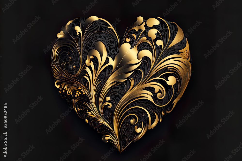 heart of the golden, gold heart on black background, celebration ...