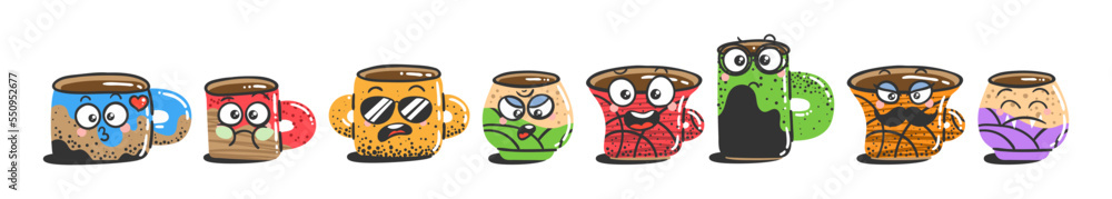Vetor de Various Cartoon Mugs with Emoticons. Doodle faces, eyes and ...