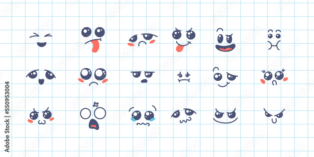 Various Cartoon Emoticons Set. Doodle faces, eyes and mouth. Caricature ...