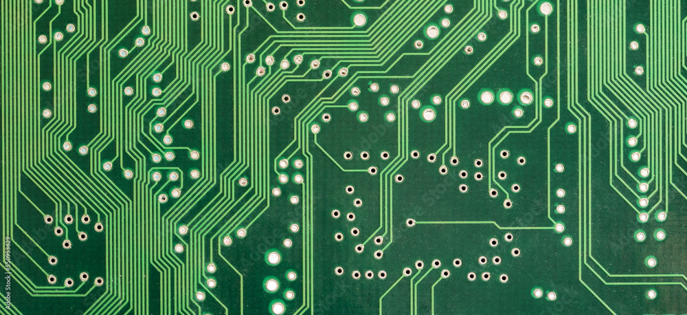 Simple green PCB, circuit board lines, paths abstract background ...