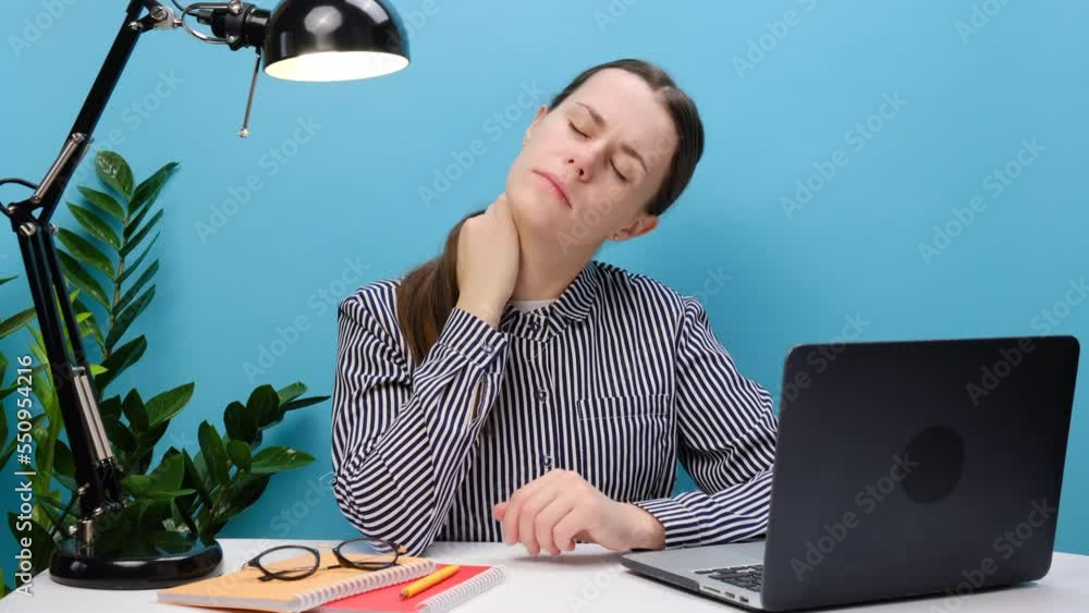Sick young employee business woman sit at workplace with laptop feeling ...