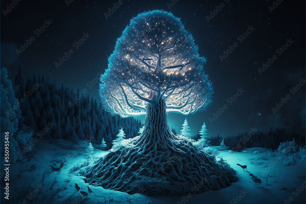 Fairy Christmas Glowing Tree in a Magical Forest at Night, Fantastic ...