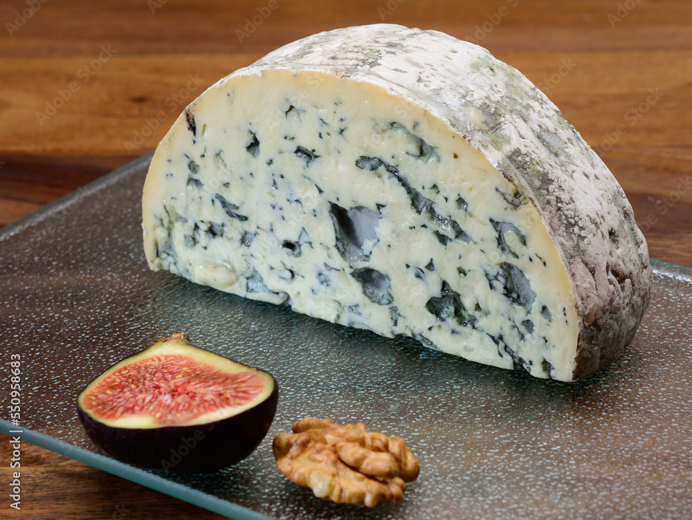 Cheese collection, piece of French blue cheese auvergne or fourme d ...
