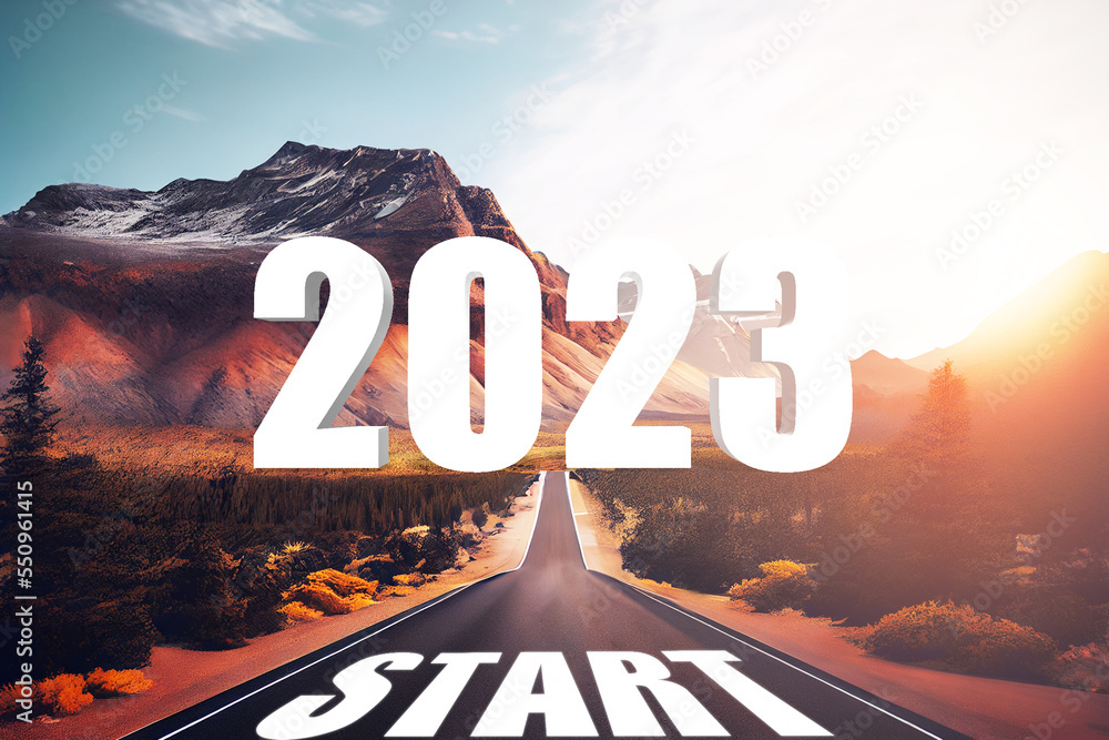 The new year 2023 starts with the 2023 concept. Landscape mountain with ...