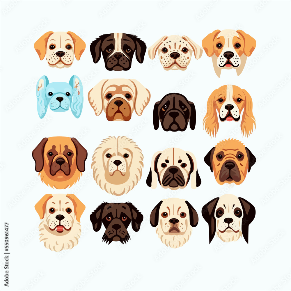 Cute dogs faces set. Canine head portraits of different doggy breeds ...