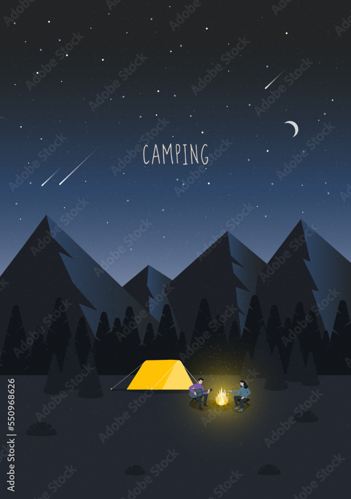 Family Adventure Camping Evening Scene. Tent, Campfire, Pine forest and ...