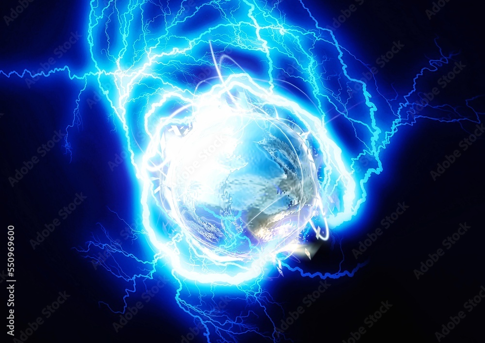 3d illustration of sphere with blue light shining in the dark in ...