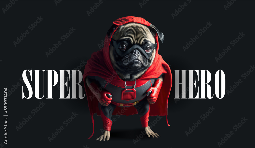 Funny cute pug in superhero clothes, isolated on a black background. A ...