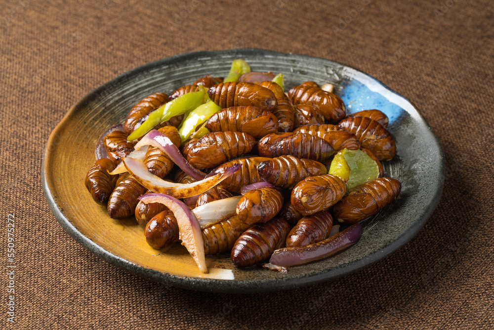 Poster Stir-fried cocoon pupae is a special food in northeast China ...