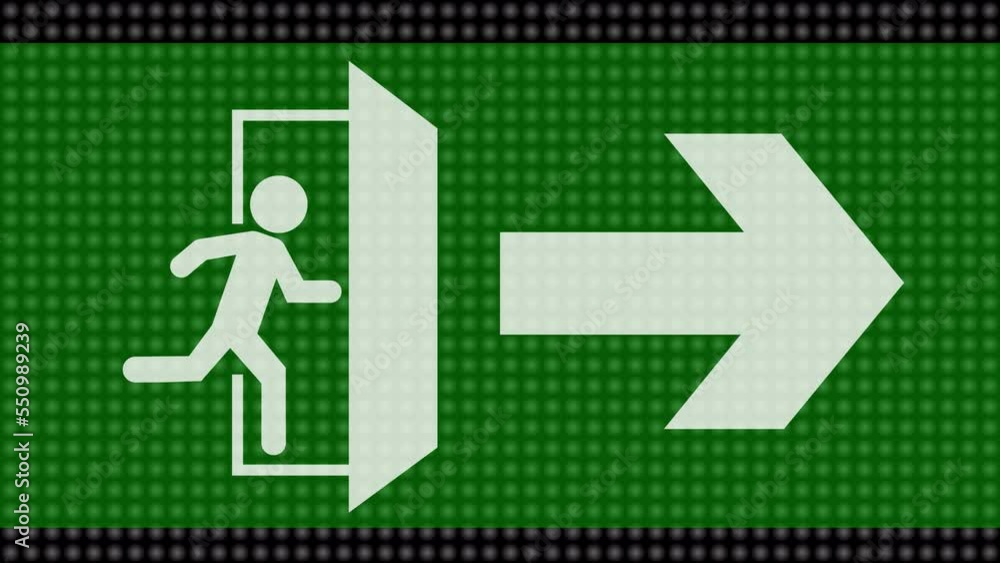 Emergency exit door direction arrow sign on a green screen looped ...