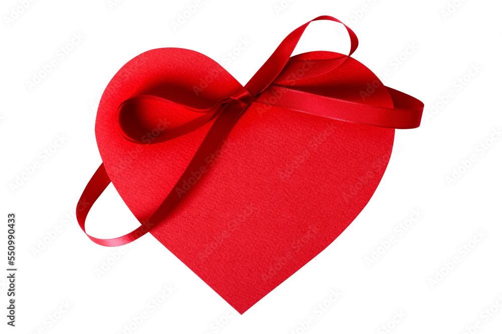 Valentine gift tag card red heart shape with ribbon decoration isolated ...