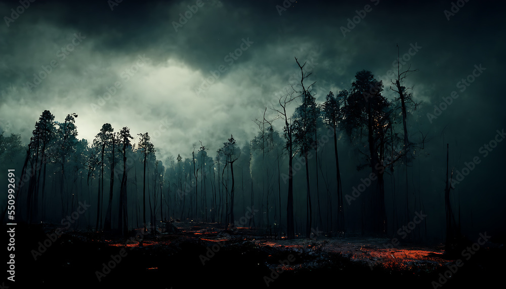 Dark forest burning stranger things vibe digital art Stock 일러스트레이션 ...