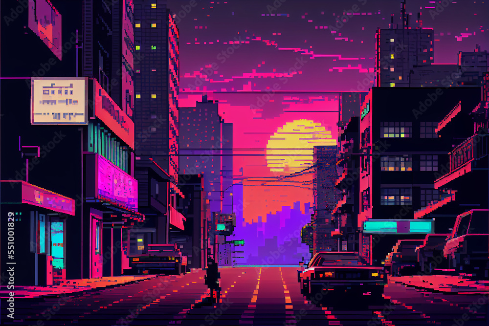Pixel art of a cyberpunk city at night, 8 bit art Stock Illustration ...