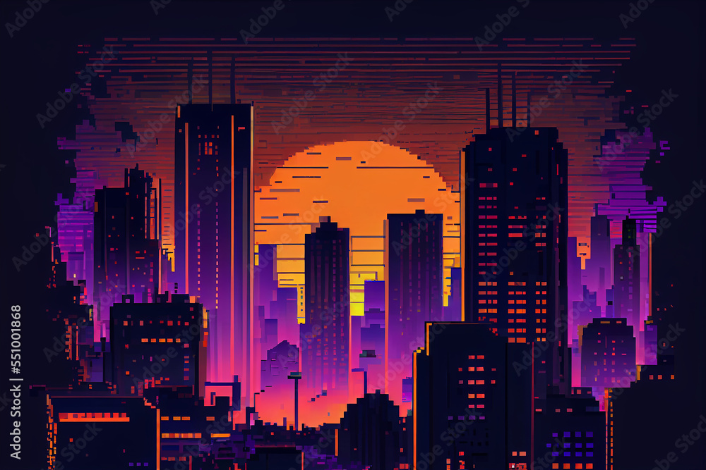 Pixel art of a cyberpunk city at night, 8 bit art Stock Illustration ...