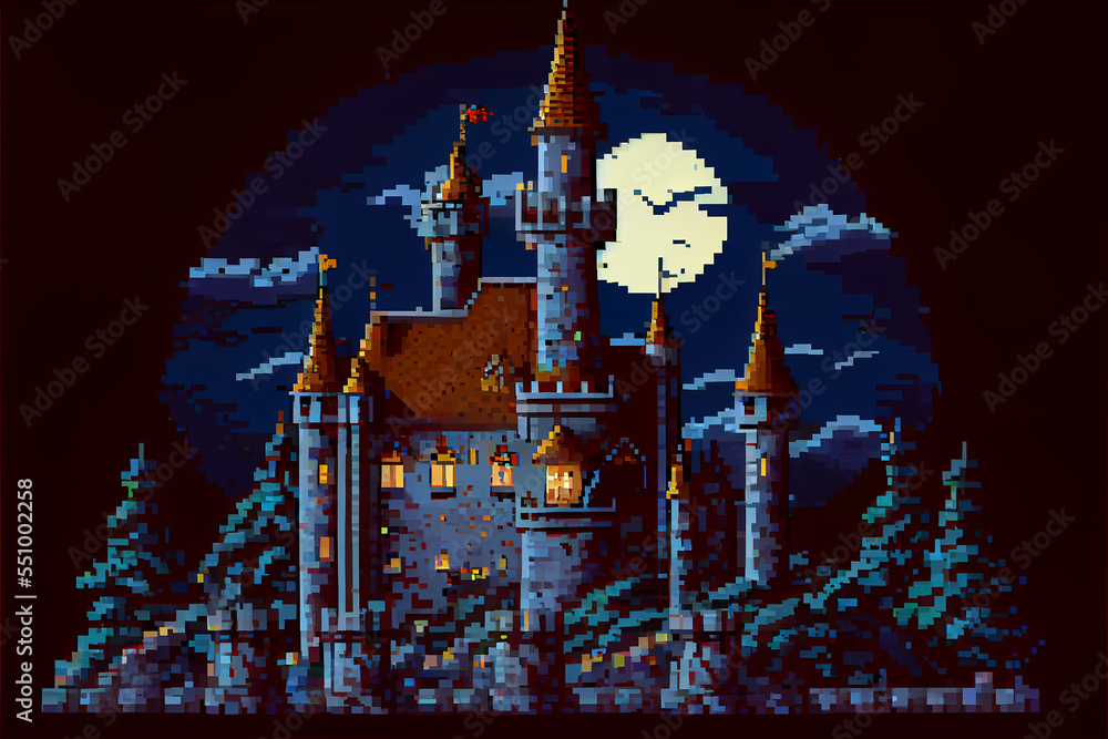 8 bit pixel art of a spooky castle ilustración de Stock | Adobe Stock