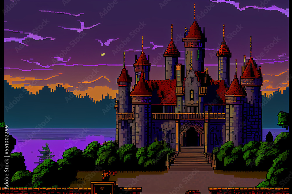 8 bit pixel art of a spooky castle ilustración de Stock | Adobe Stock