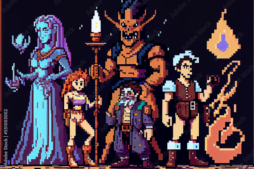 Pixel art group of characters, 8 bit art Stock Illustration | Adobe Stock