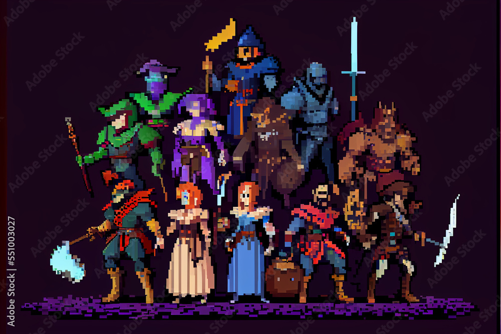 Pixel art group of characters, 8 bit art Stock Illustration | Adobe Stock