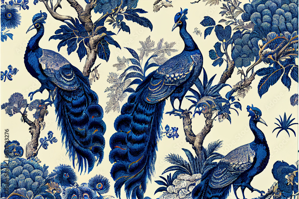 Blue toile pattern with peacocks Stock Illustration | Adobe Stock