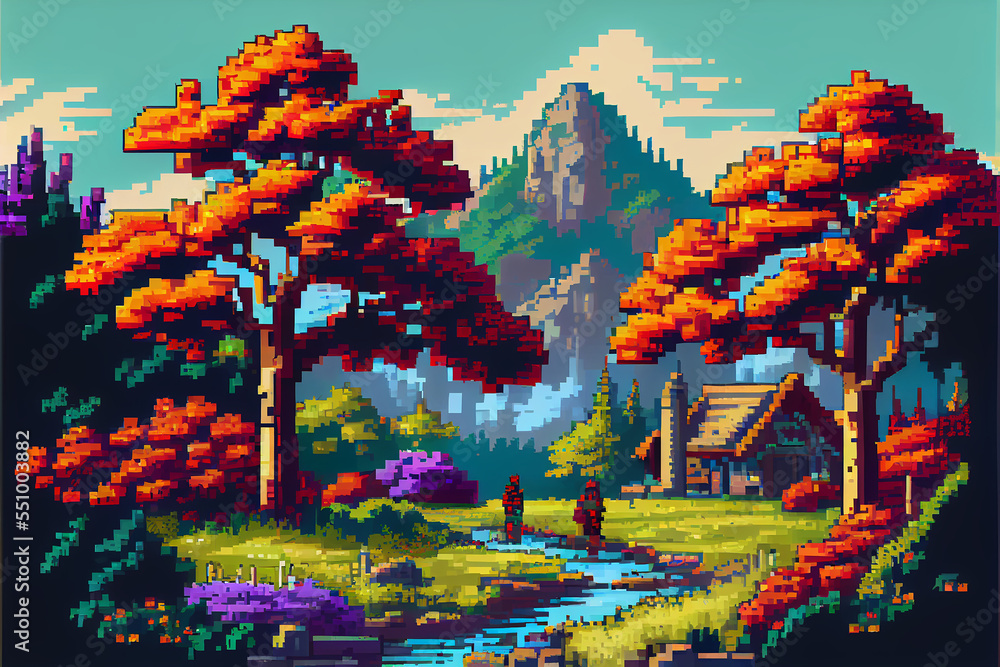 8 bit pixel art fantasy landscape Stock Illustration | Adobe Stock