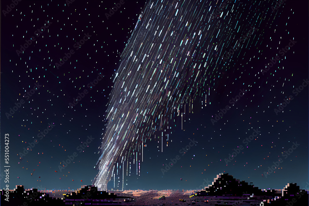 Pixel art Meteor shower, starry night sky ilustração do Stock | Adobe Stock