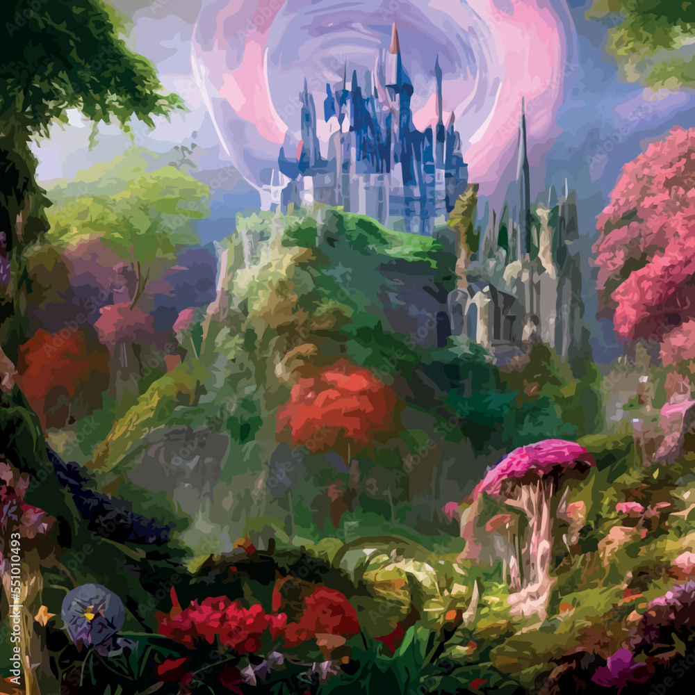 Fantasy Castle in an enchanted garden, Fairy tale landscape ...