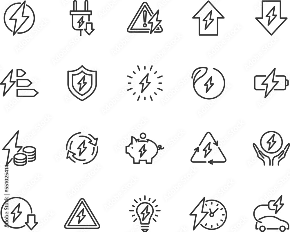 Vector set of energy line icons. Contains icons electricity, voltage ...