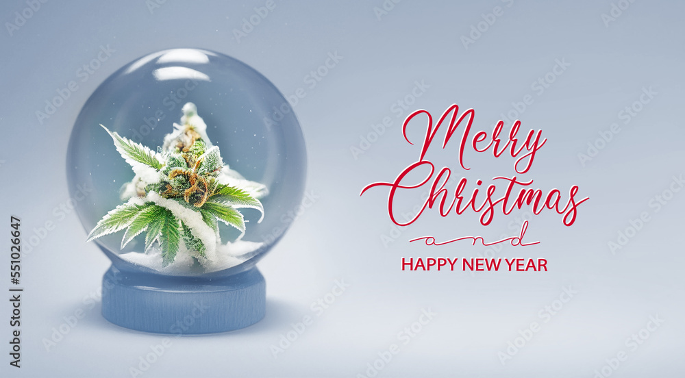 Cannabis Christmas and New Year concept banner. Buds of cannabis plant ...
