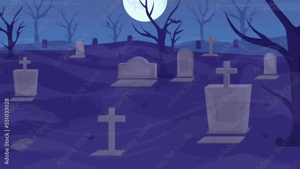 Animated cemetery illustration. Haunted graveyard. Nighttime horror ...