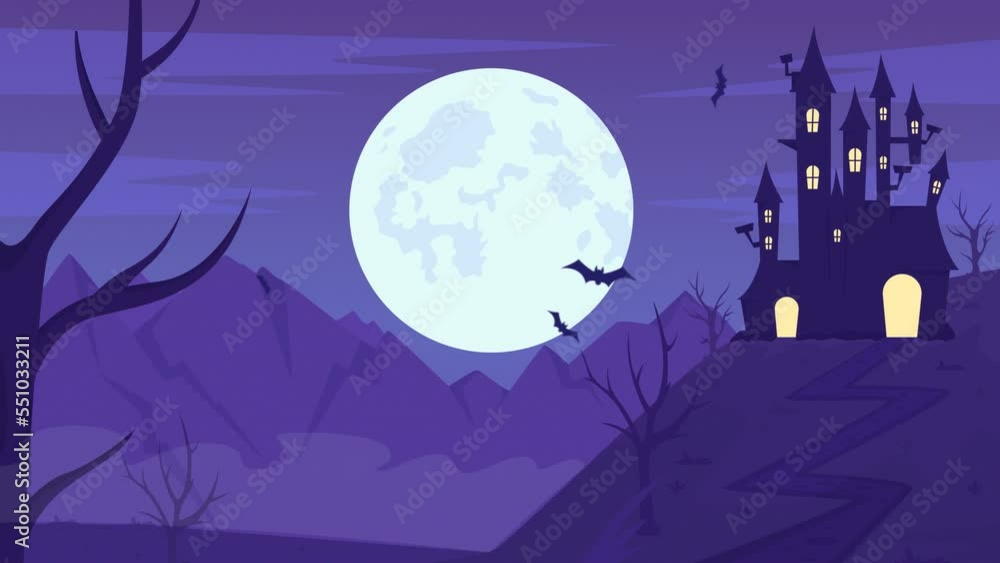 Animated haunted house illustration. Spooky mansion on hill. Full moon ...