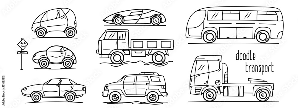 Vector black and white doodles. Set of different hand drawn vehicles ...