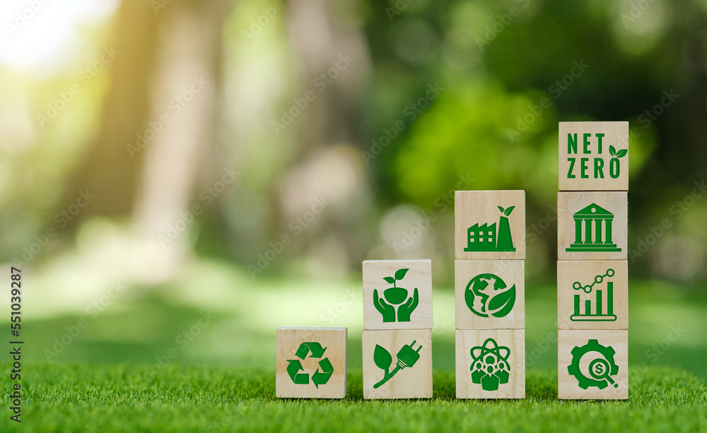 Wooden cubes with NetZero icon in green background.Net zero 2050 Carbon ...