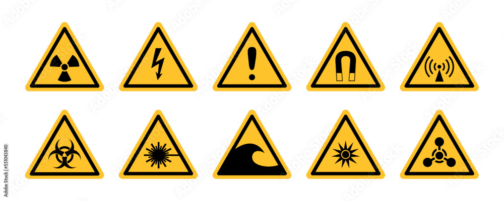 Triangular daranger signs, symbols set. Informing about risks and ...