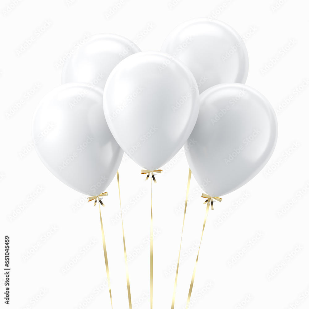 Festive white balloons with gold ribbons. isolated on white. 3d ...