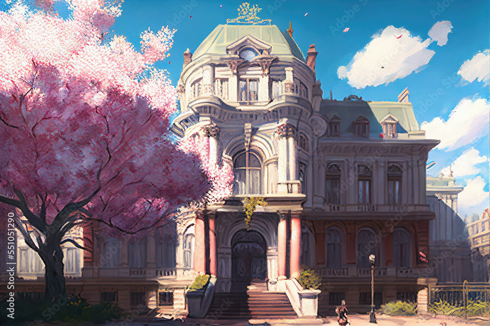 AI generated image of kids returning to school with pink cherry blossom ...