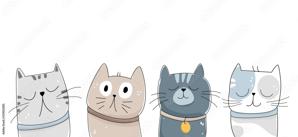 Set of portraits of four cartoon cats. Cute and funny cats doodle ...