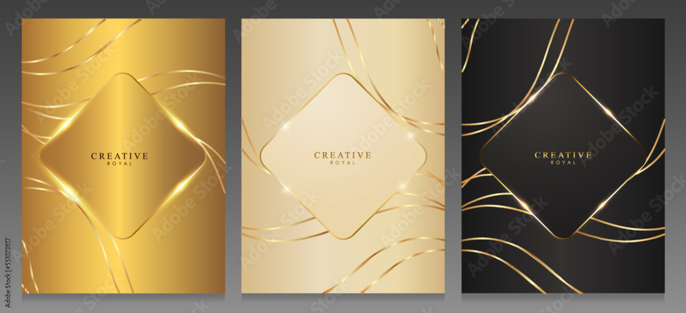 Luxury gold covers. Abstract geometric template with bright gold wavy ...