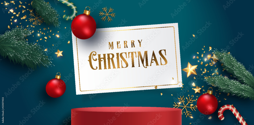 Merry Christmas banner with product display cylindrical shape and ...