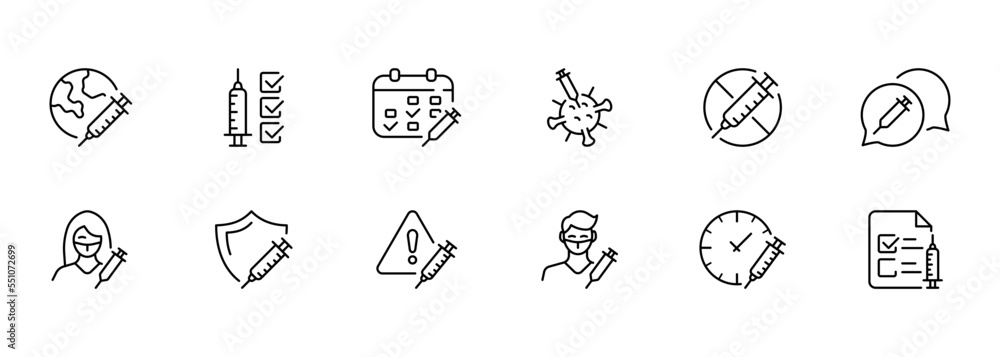 Vaccination set icon. Syringe, injection, schedule, calendar, virus ...