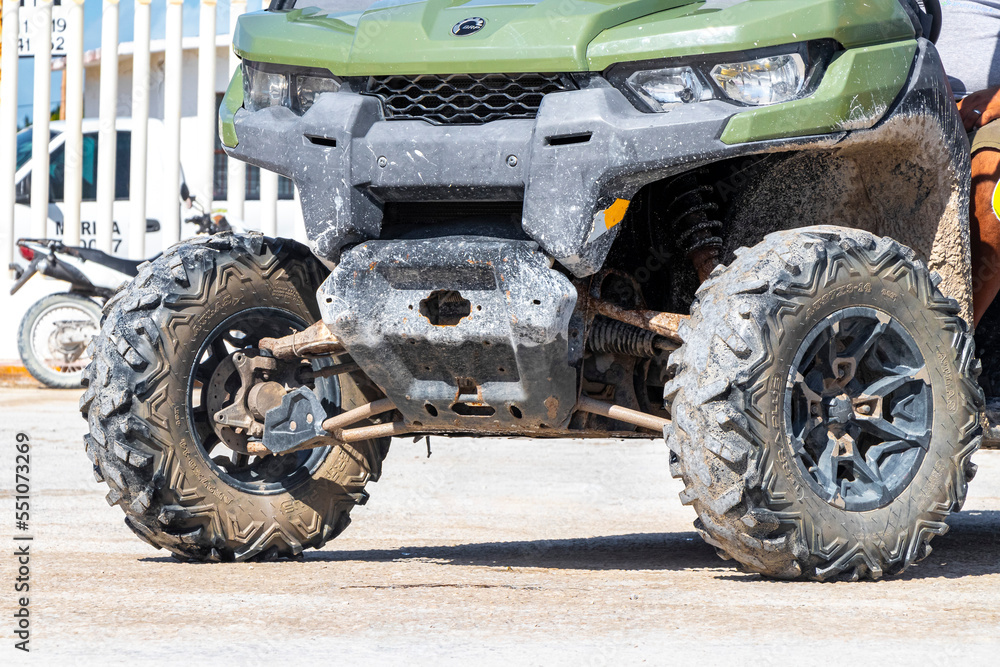 Buggy car golf cart carts muddy street village Holbox Mexico. Stock ...