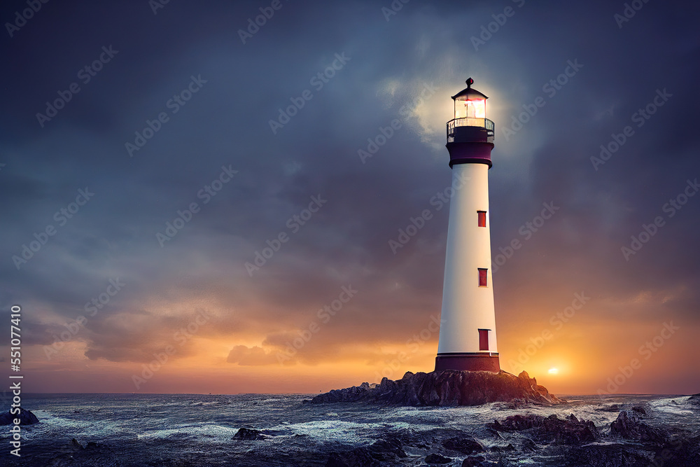 AI generated sea landscape with lighthouse providing light during ...