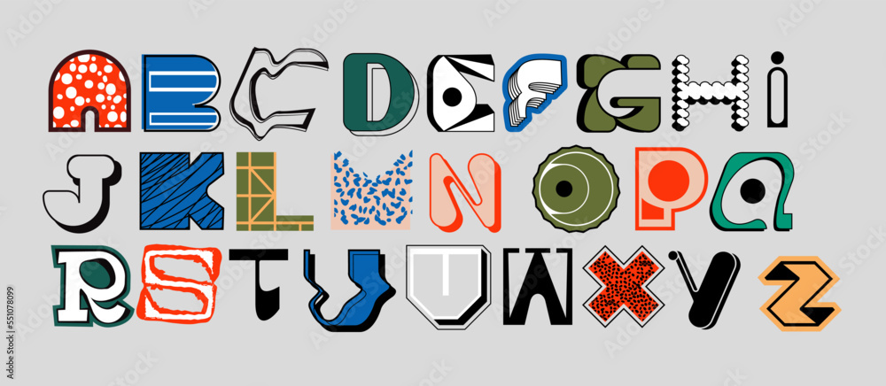 Set of ransom alphabet typographic shapes. Uppercase random types for ...