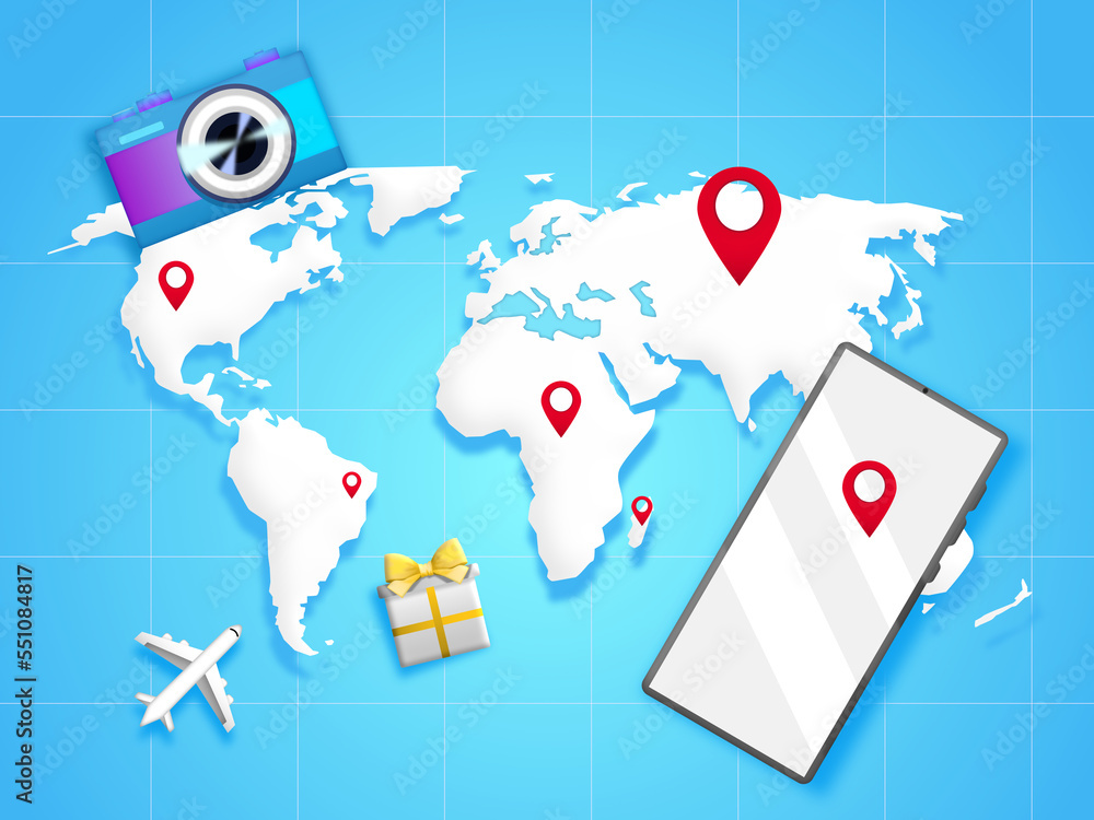 Travel concept. Go on the adventure world map and pin location, camera ...