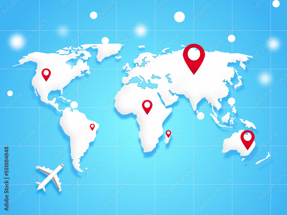 Travel concept. Minimal world map, trace lines flying plane and pin ...