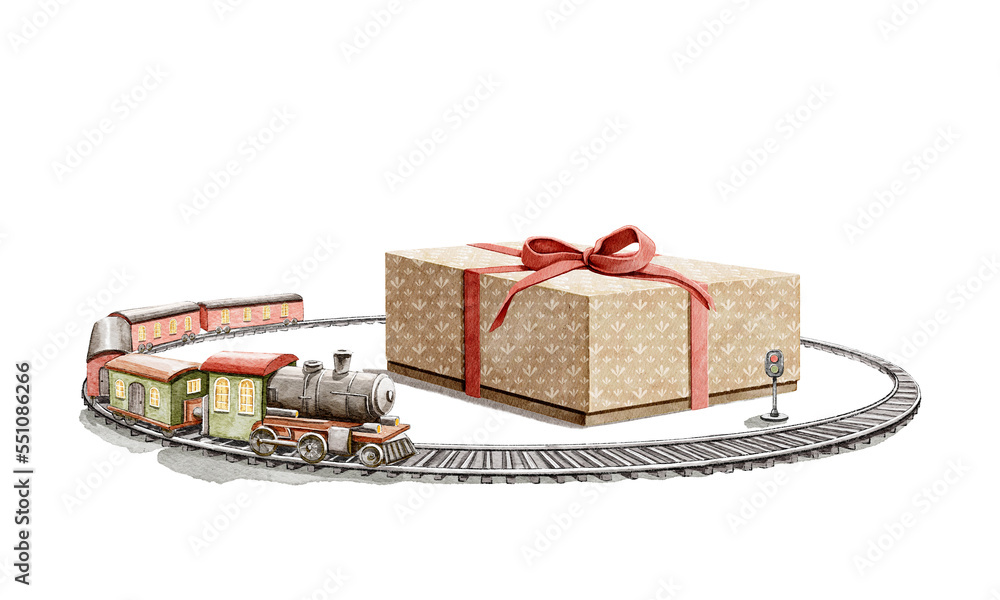 Watercolor vintage children toy miniature round railway with train and ...