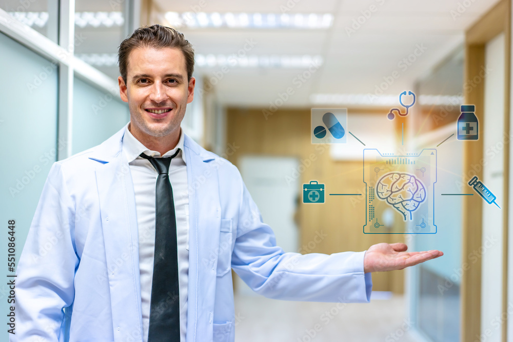 Brain issues medical concept. Doctor shows the brain of a person and ...