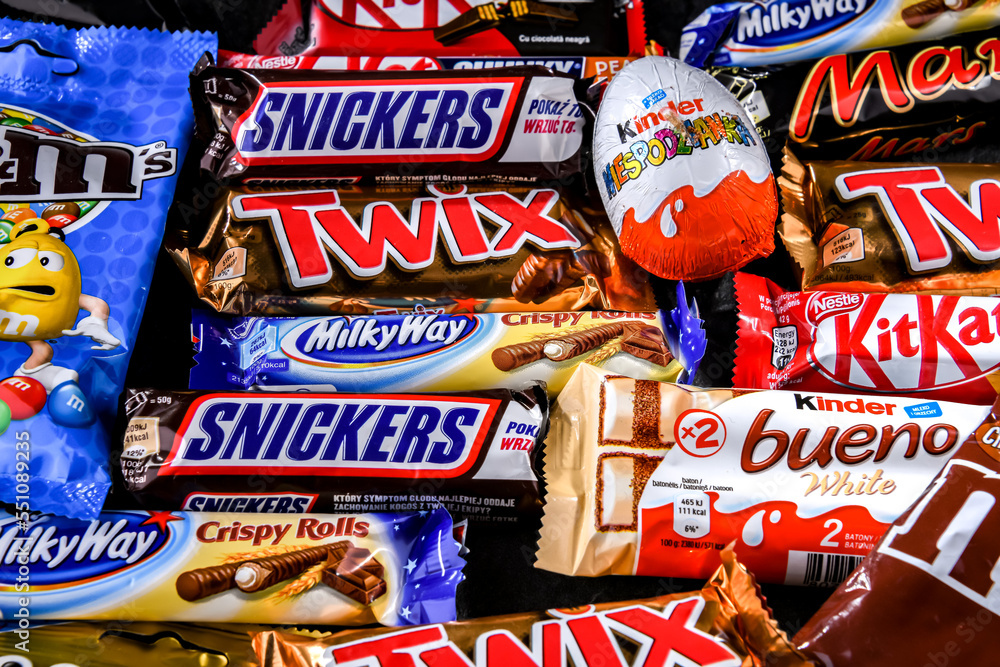 Variety of popular brands of confectionery products Stock Photo | Adobe ...