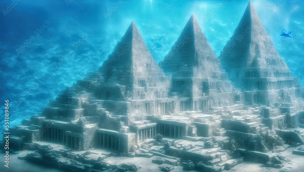 fantasy illustration of underwater view of submerged ruins of ancient ...
