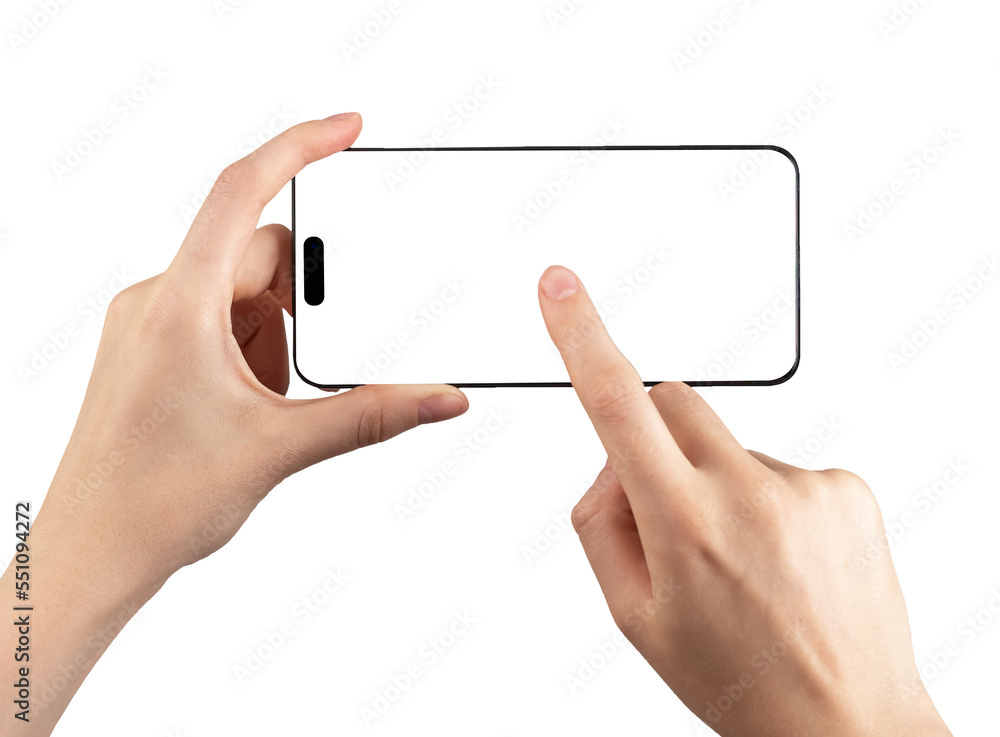 Forefinger clicking play to start video at phone mockup isolated on ...